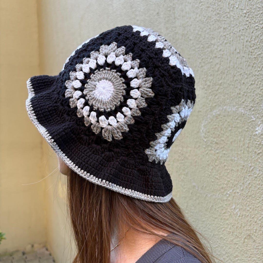 Crochet Black White Bucket Hat, Granny Square Summer Knit Hat, Gift for ...