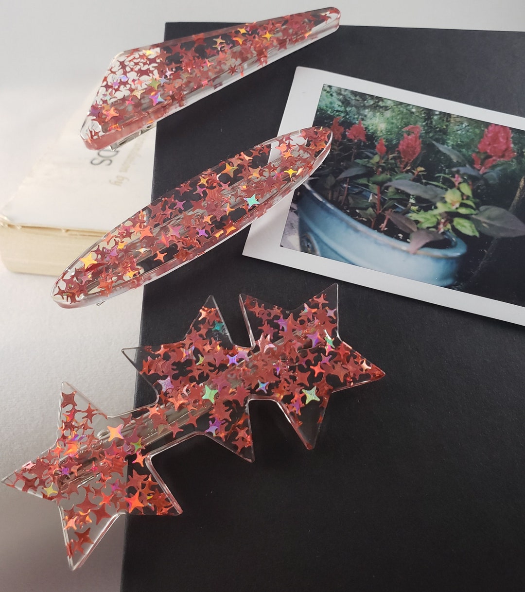 Star and Shapes Barrette Trio- Red Star Sparkle Resin - Etsy