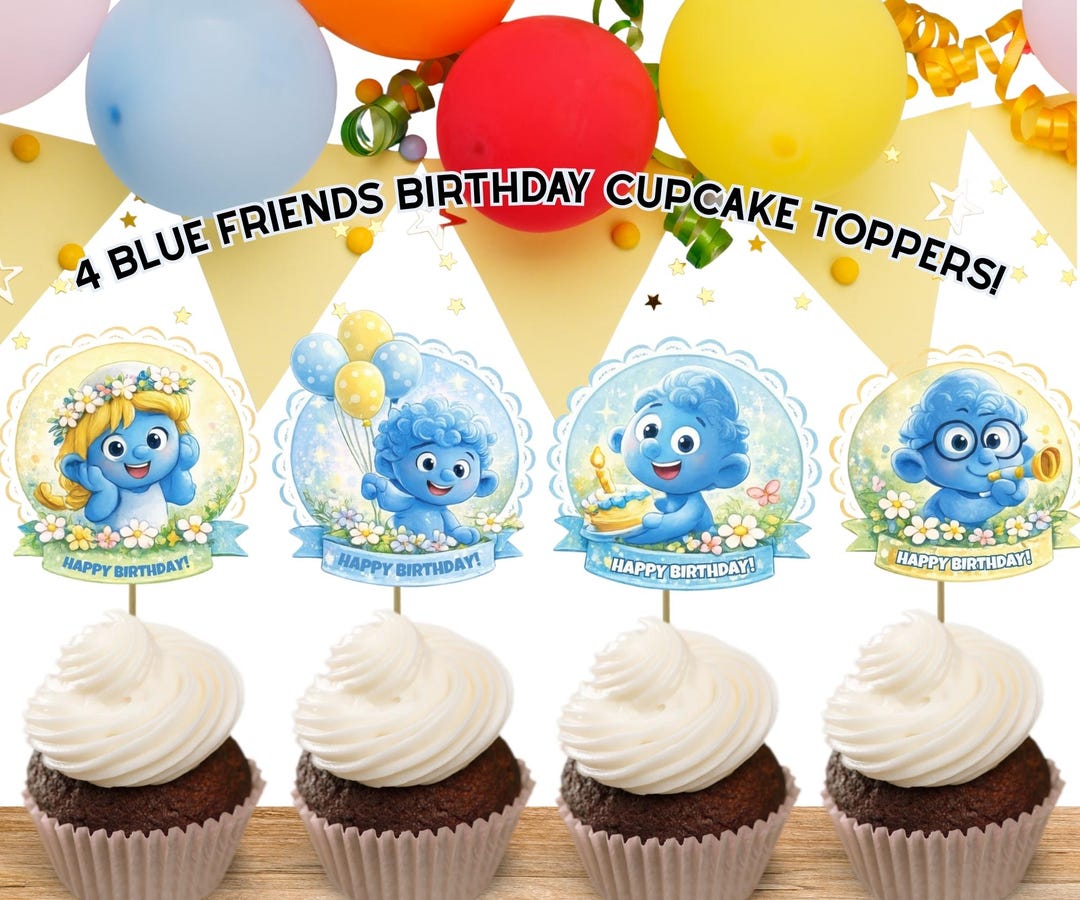 Blue Friends Birthday Cupcake Toppers, Kids Party Decor (digital ...