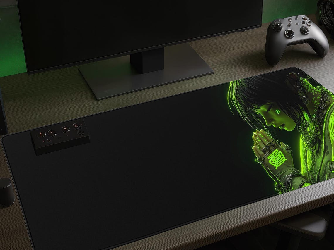 Gaming Mouse Pad Cyberpunk – XL Large Desk Mat | Neon Green Techno Girl ...
