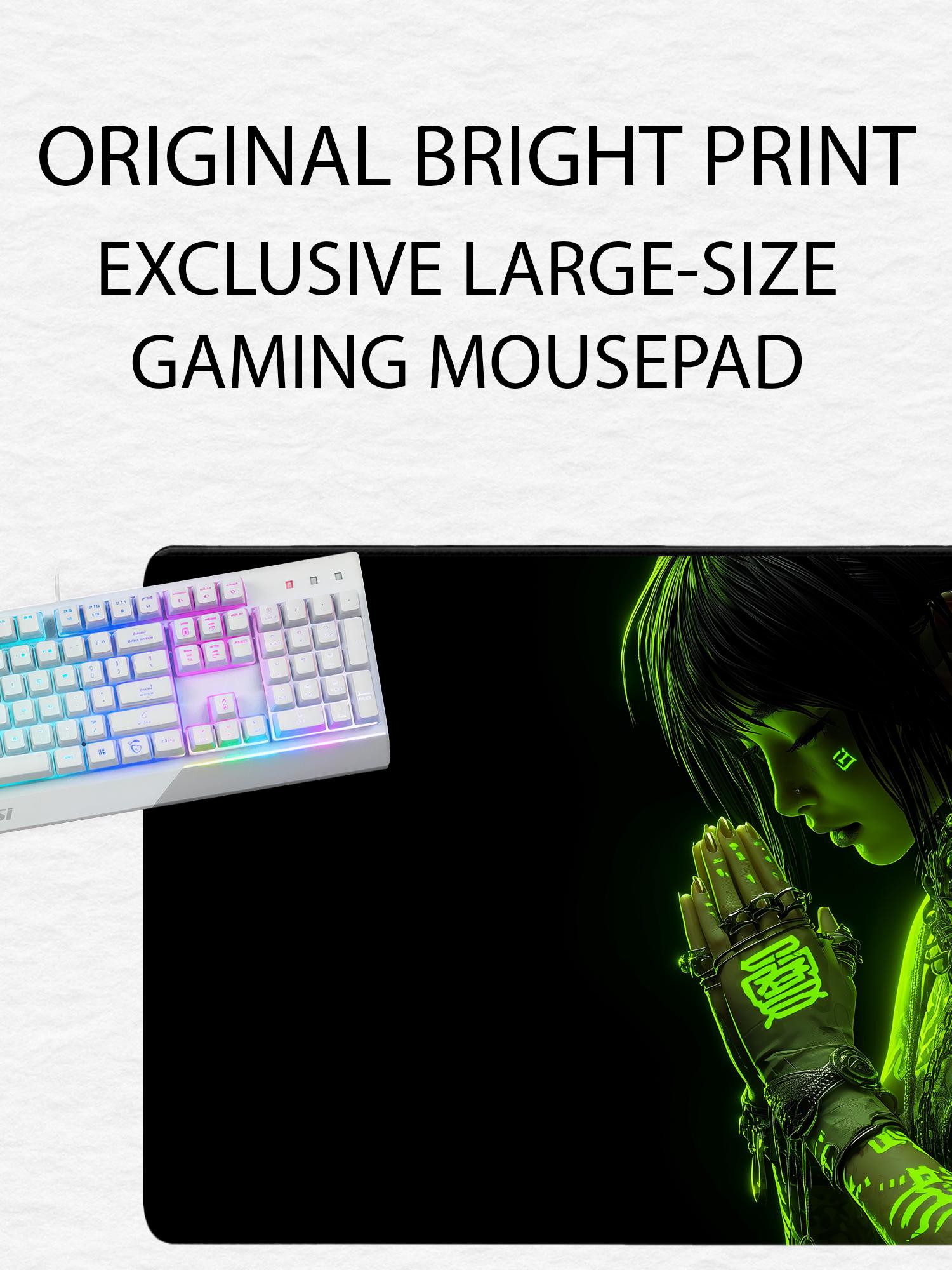 Gaming Mouse Pad Cyberpunk – XL Large Desk Mat | Neon Green Techno Girl ...