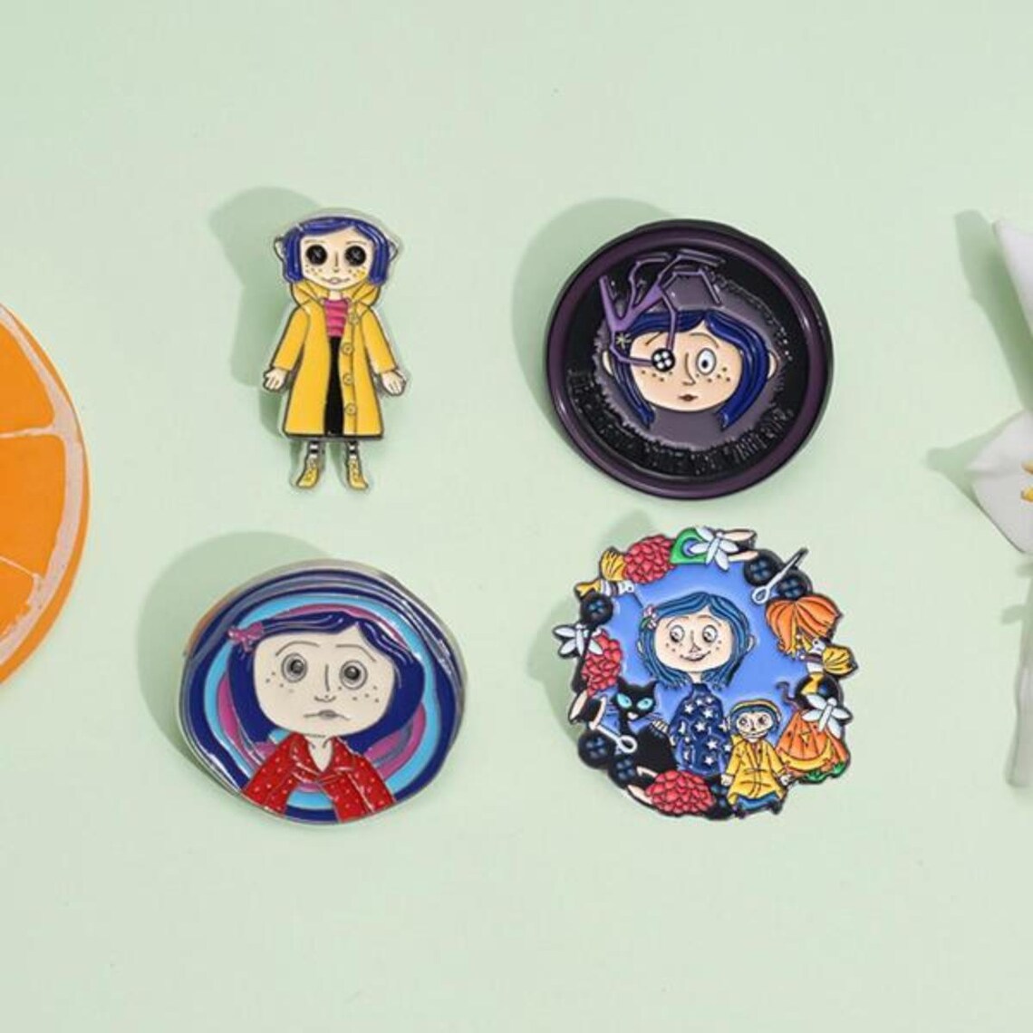 Set of 8 Coraline Blue-haired Girl Enamel Pins - Spooky Cute Cartoon ...