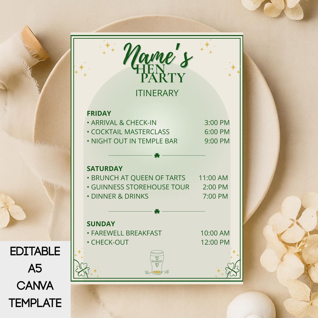 Dublin Hen Party Itinerary Template: Editable A5 Canva Download - Etsy