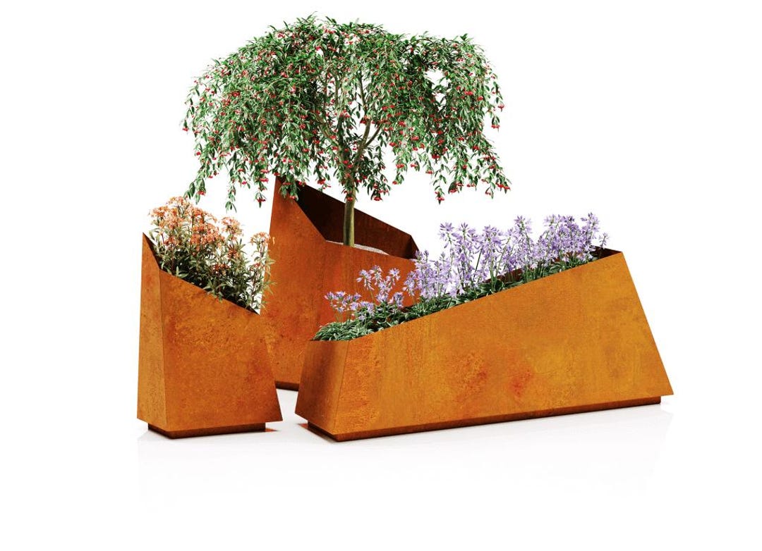 Corten Steel Trapezoid Planter: Modern Geometric Garden Pot, Rust ...