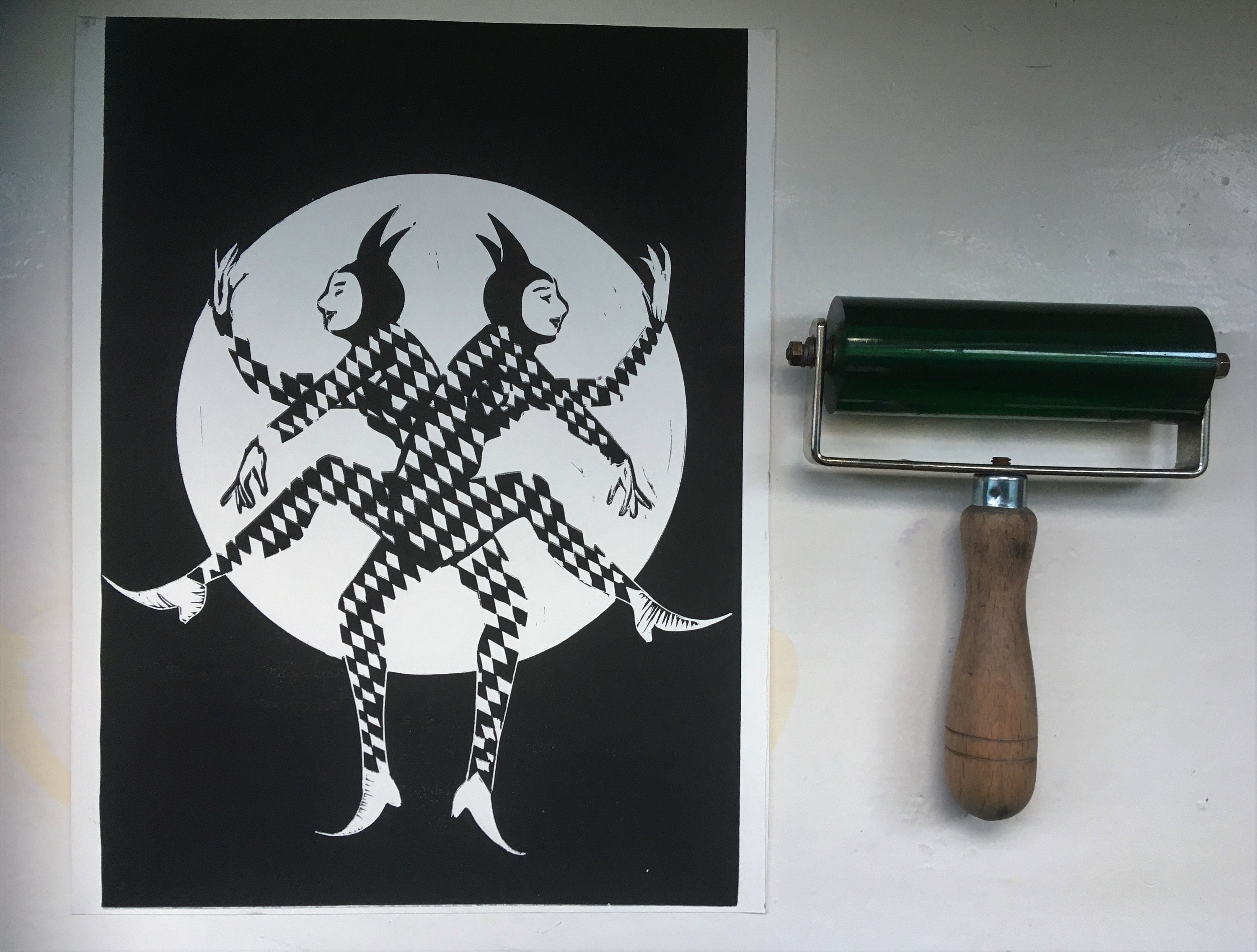 Harlequin Geometric Lino Print / Art Deco / Vintage / Clown / Op Art ...