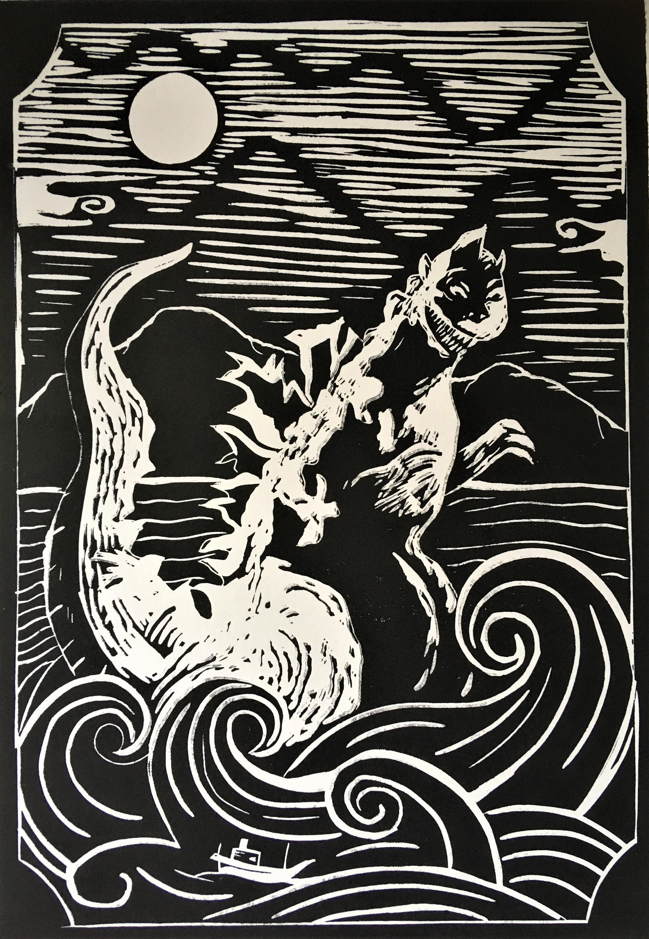 Godzilla Lino Print / Kaiju / Relief Print / Poster / Movie Monster ...