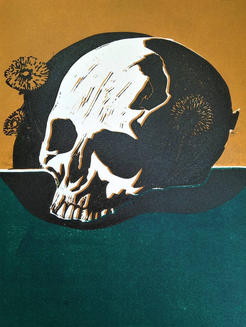 Screaming Skull Lino Print Green / Art Print / Anatomy / - Etsy