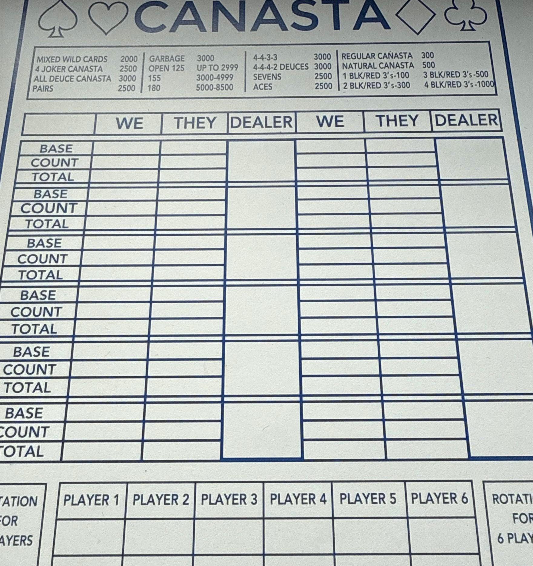 Canasta Set of 100 Pad Score Sheet, Card Spinner (two Deck), Card ...