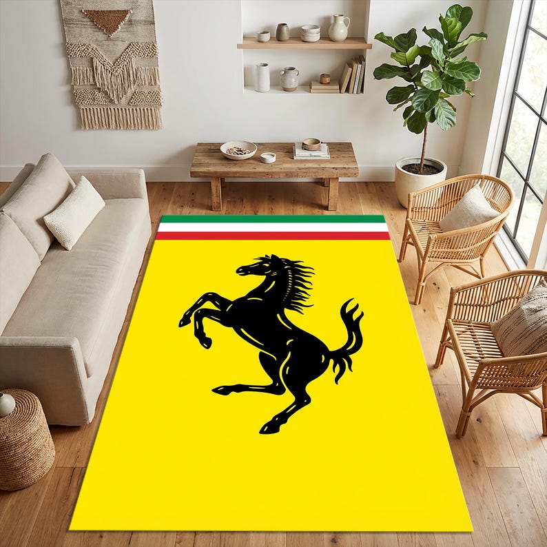 Ferrari Car Logo Area Rug | Prancing Horse Yellow Racing Floor Mat ...