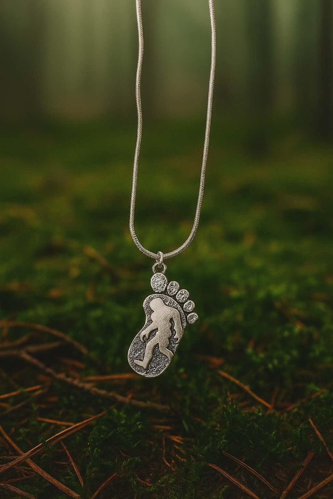 Silver Bigfoot / Sasquatch Charm Necklace With Serpentine Chain & Clasp ...
