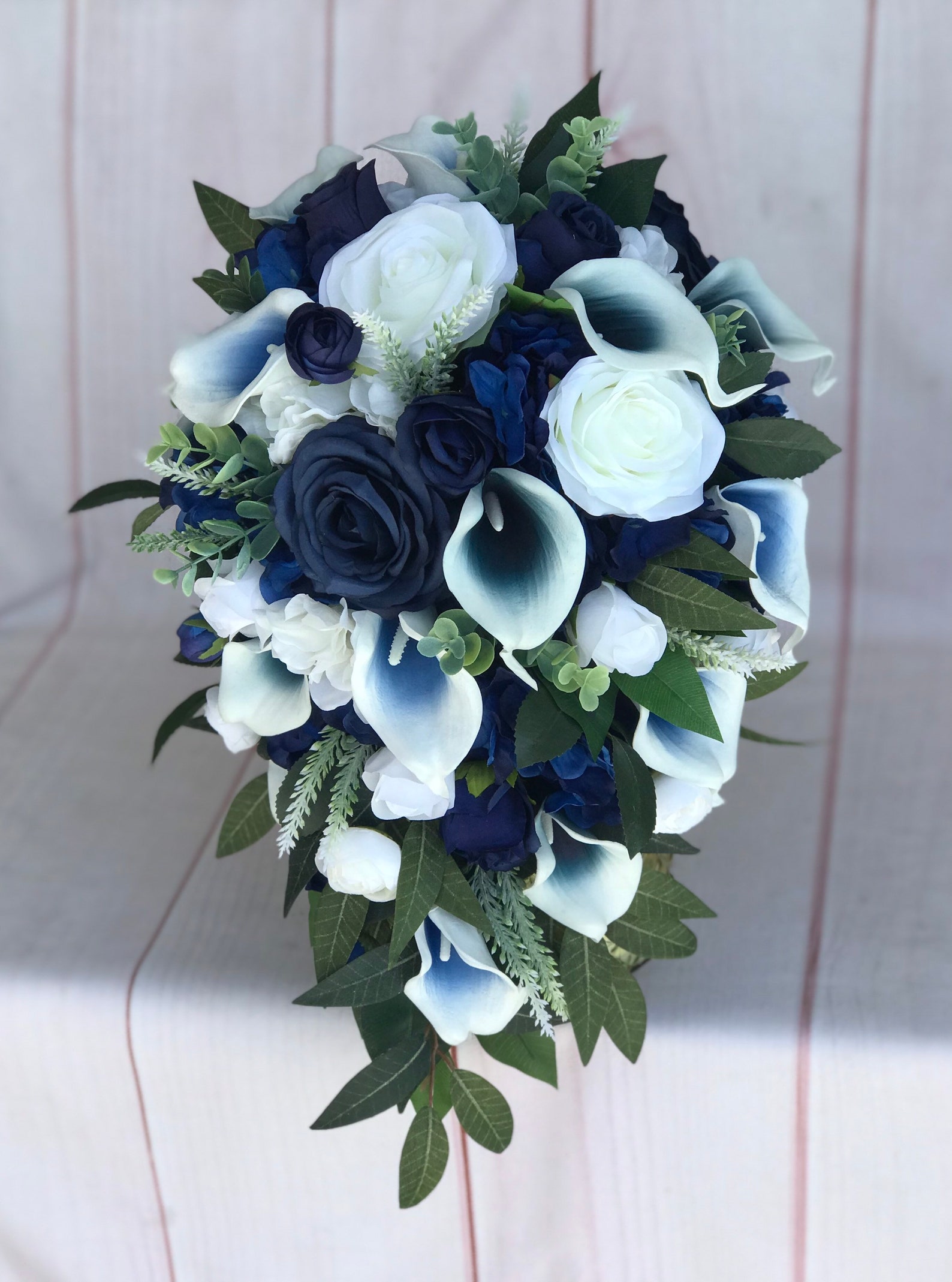 Bridal Bouquet Cascade Navy Blue Wedding Flowers Silk - Etsy