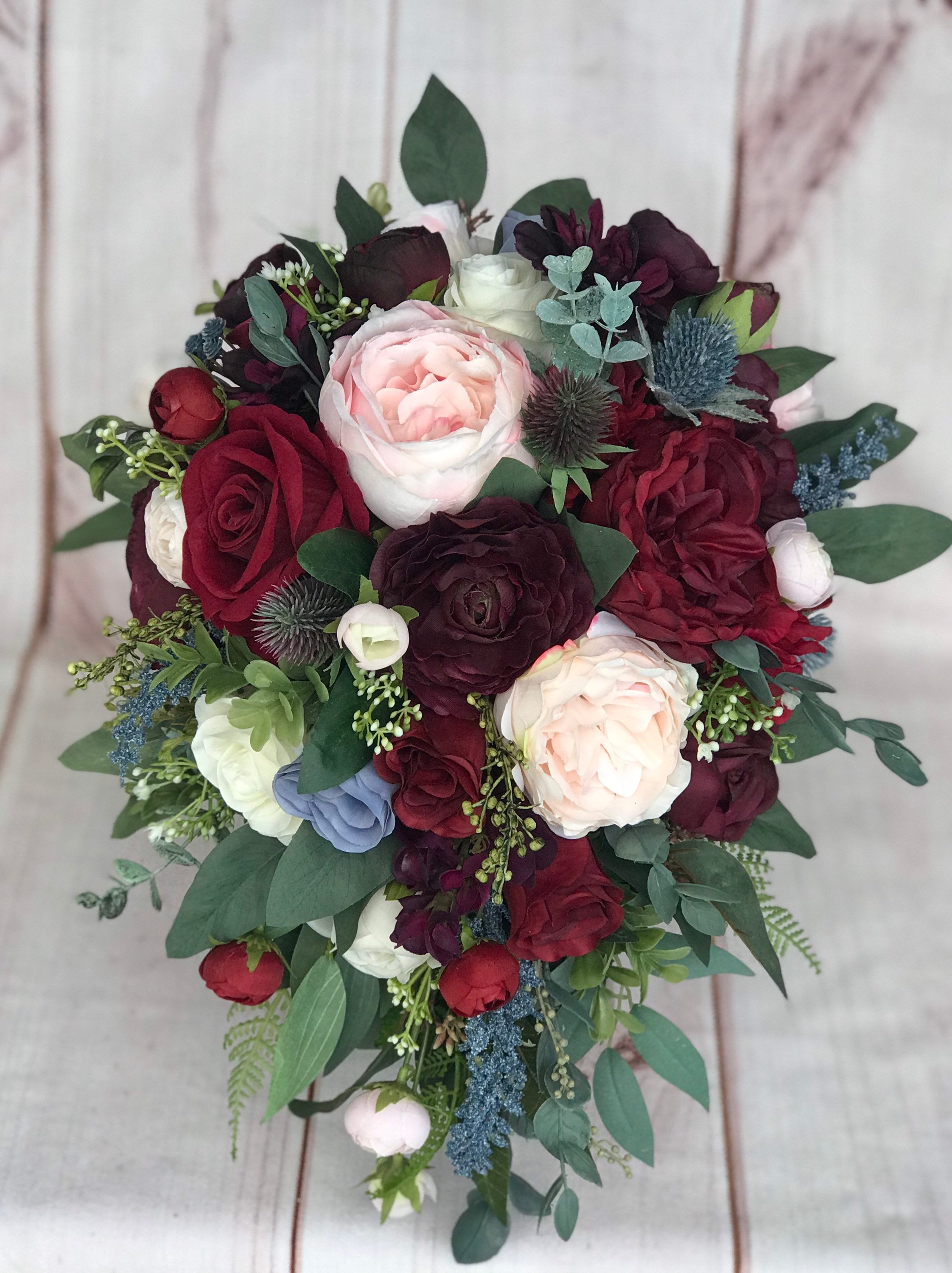 Dusty blue and burgundy wedding bouquet | Honestweddingadvice.com