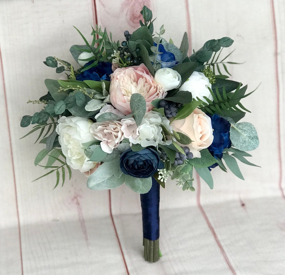 Navy Wedding Flowers, Boho Bridal Bouquet, Silk Wedding Flowers, Blush ...