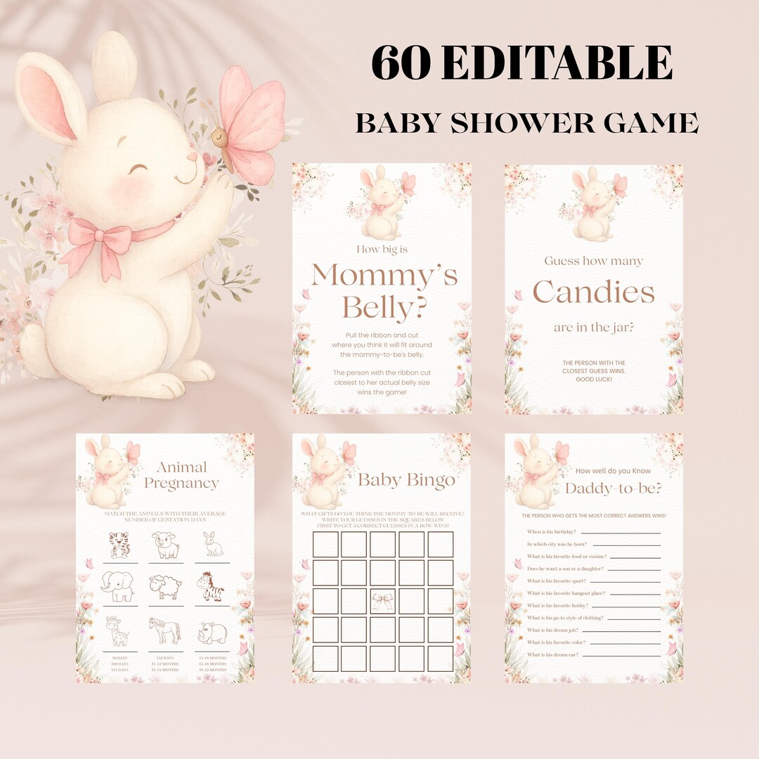Editable Bunny Girl Baby Shower Games Bundle, Pink Floral Baby Shower ...
