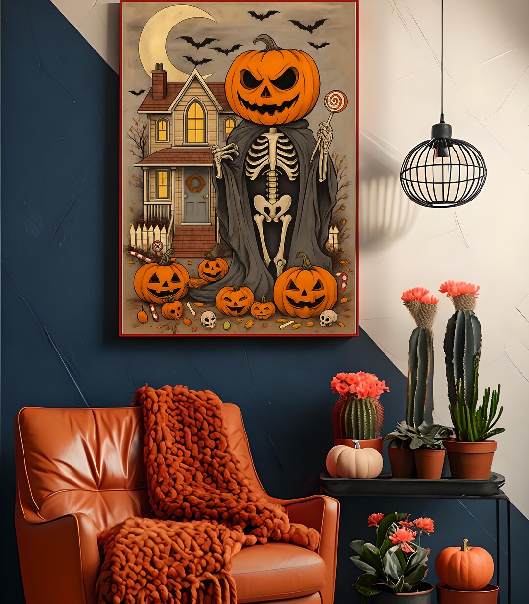 Halloween Poster, Eerie Pumpkin Skeleton Decor, Spooky Home Decor ...