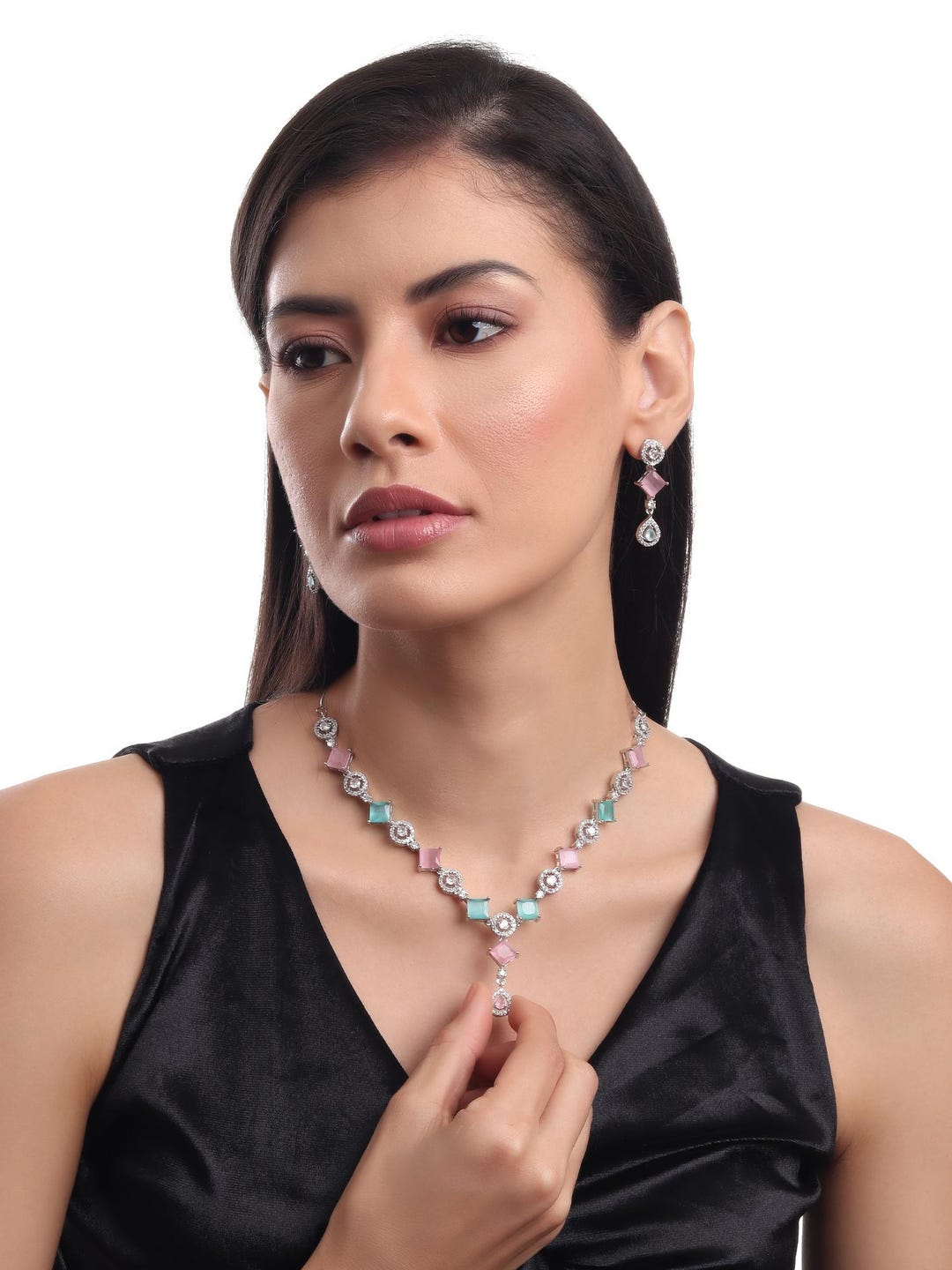 Silver Plated American Diamond Jewelry Set – Necklace & Earrings - Etsy