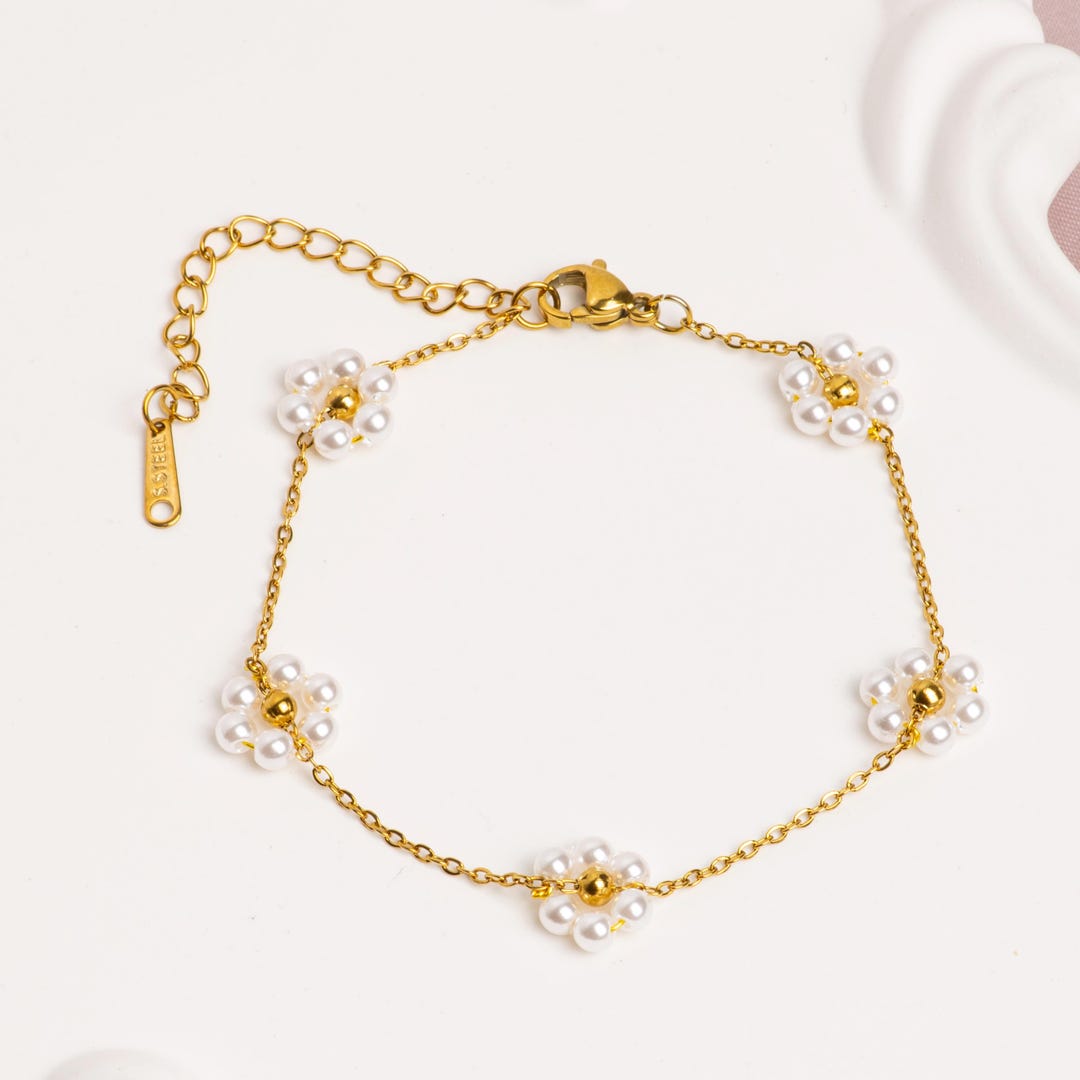 Pearl Flower Gold Stainless Steel Dainty Chain Bracelet Non Tarnish ...
