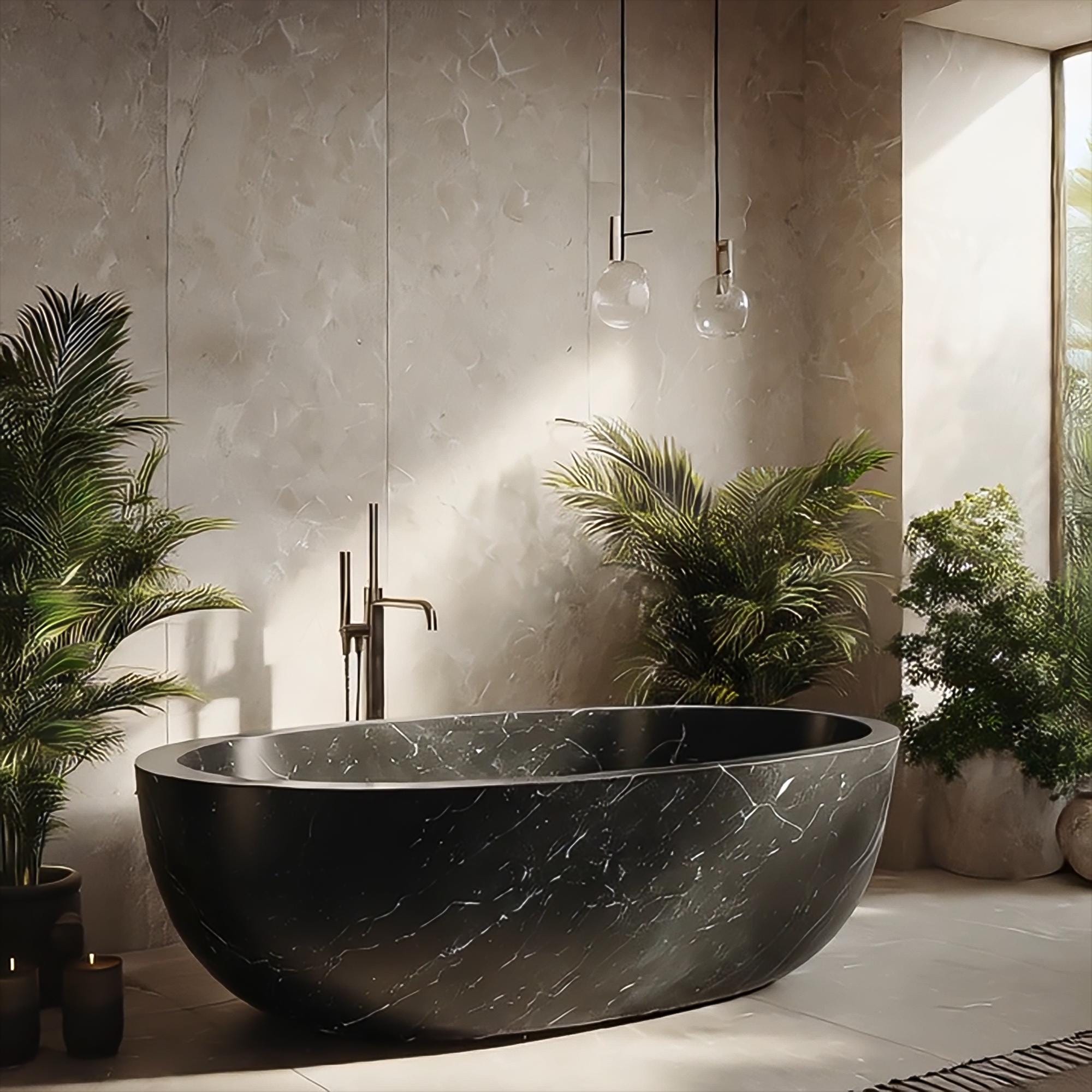 Sculptural Black Marble Bathtub – Stone Soaking Tub for Luxury Bathroom ...