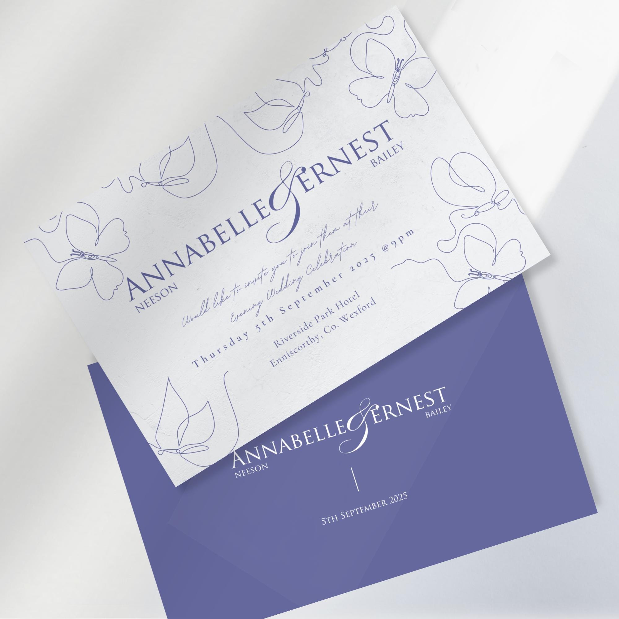 Midnight Bloom Wedding Invitation Suite | Periwinkle Floral Line Art ...