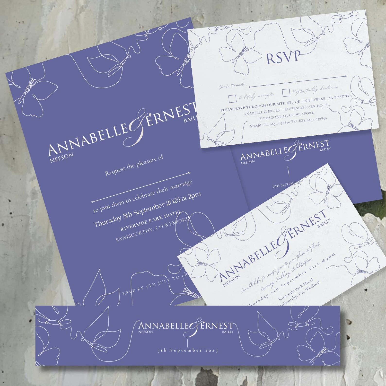 Midnight Bloom Wedding Invitation Suite | Periwinkle Floral Line Art ...