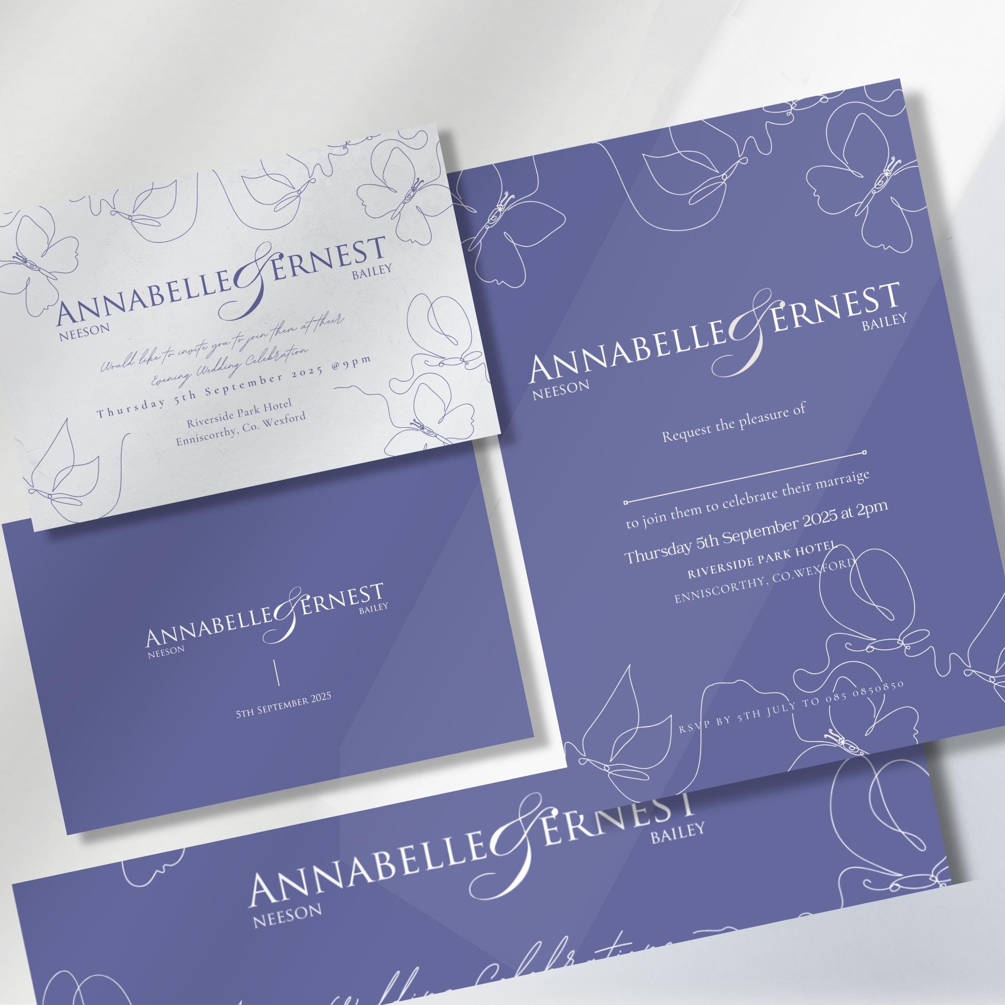 Midnight Bloom Wedding Invitation Suite | Periwinkle Floral Line Art ...
