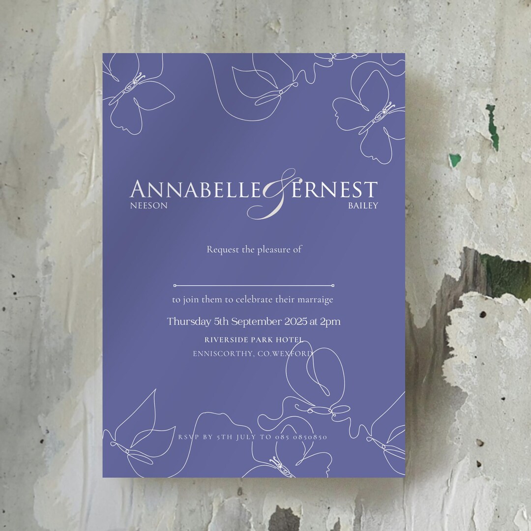 Midnight Bloom Wedding Invitation Suite | Periwinkle Floral Line Art ...