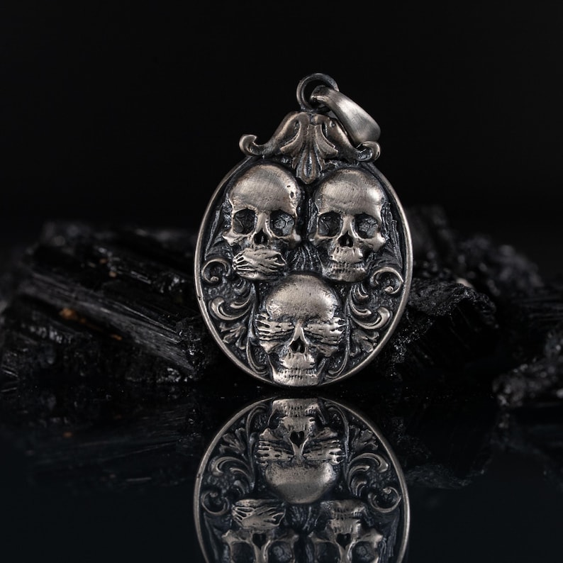 Three Wise Skull 925 Sterling Silver Pendant, Gothic Biker Necklace ...