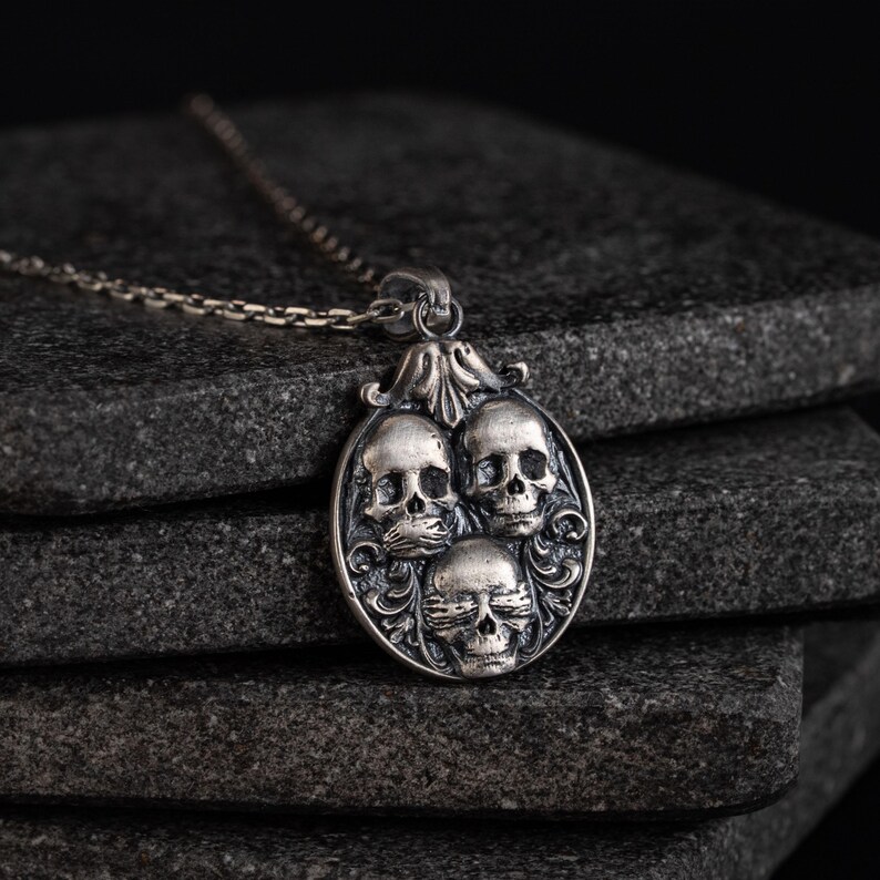 Three Wise Skull 925 Sterling Silver Pendant, Gothic Biker Necklace ...