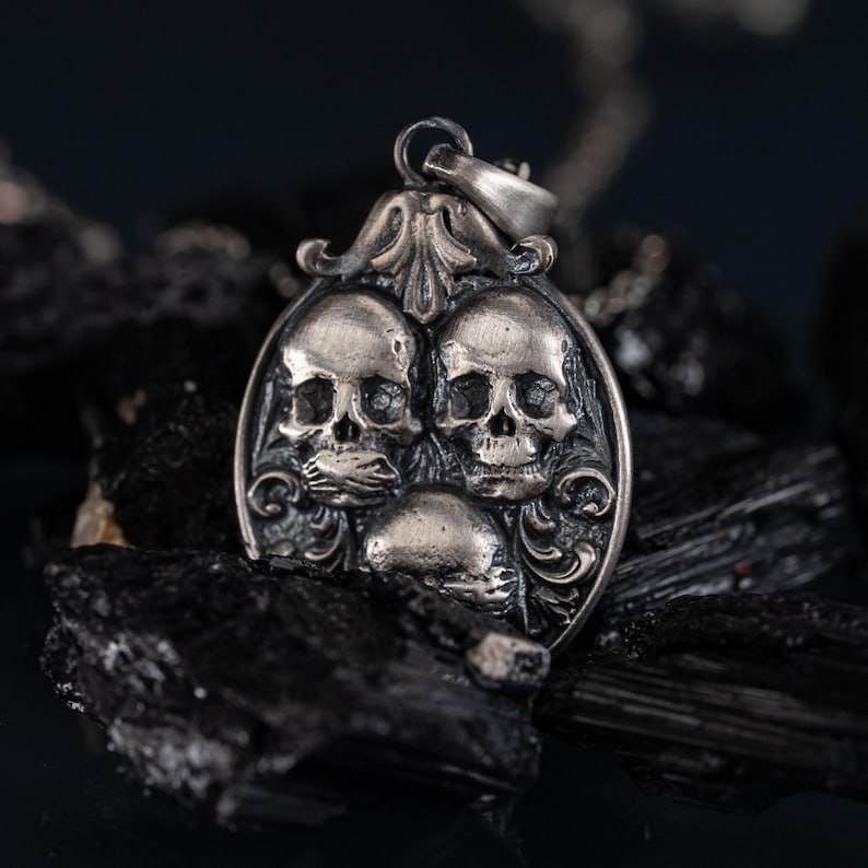 Three Wise Skull 925 Sterling Silver Pendant, Gothic Biker Necklace ...