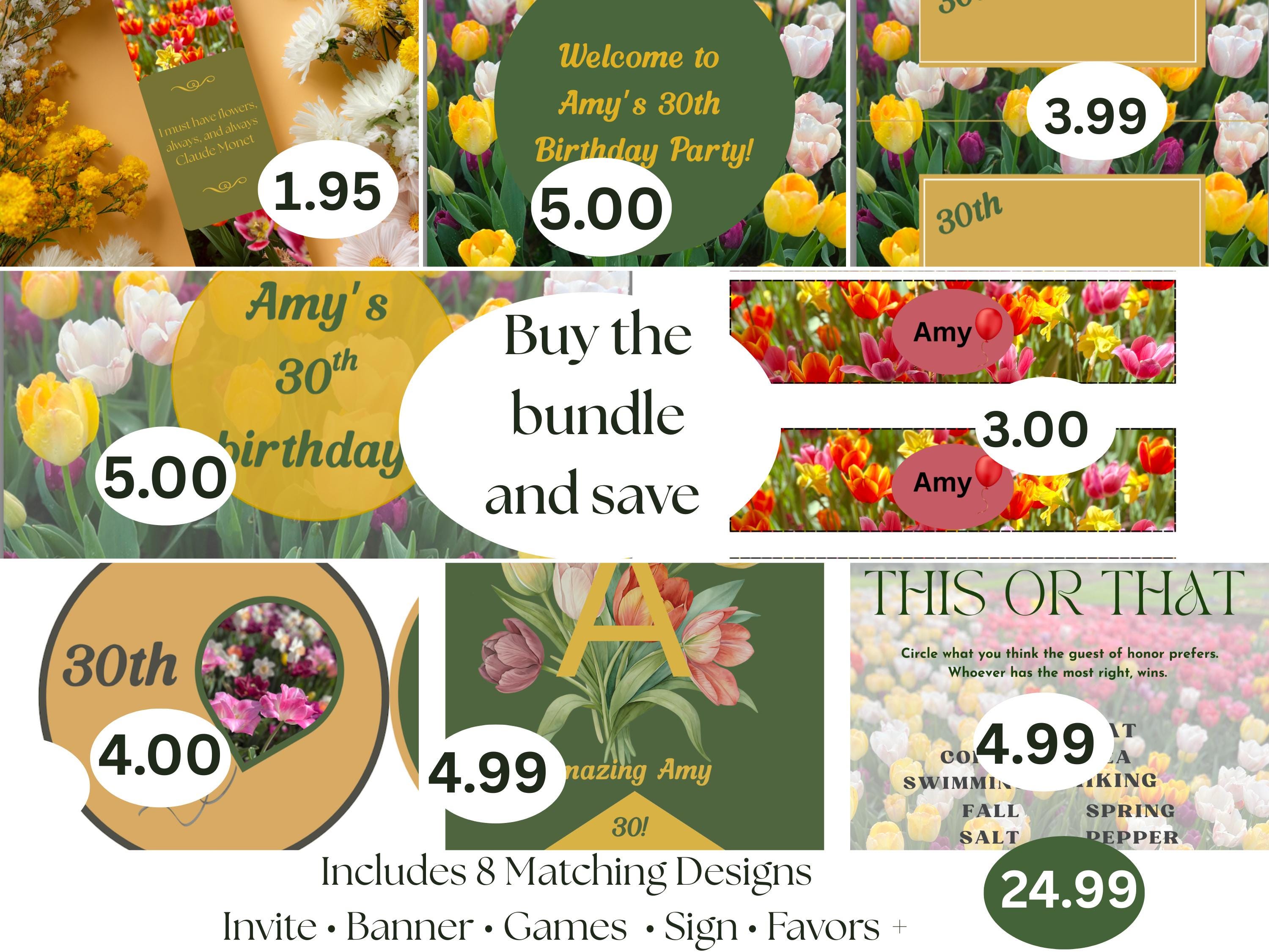 Tulip Birthday Bundle | Floral Party Printable Set | Editable Canva ...
