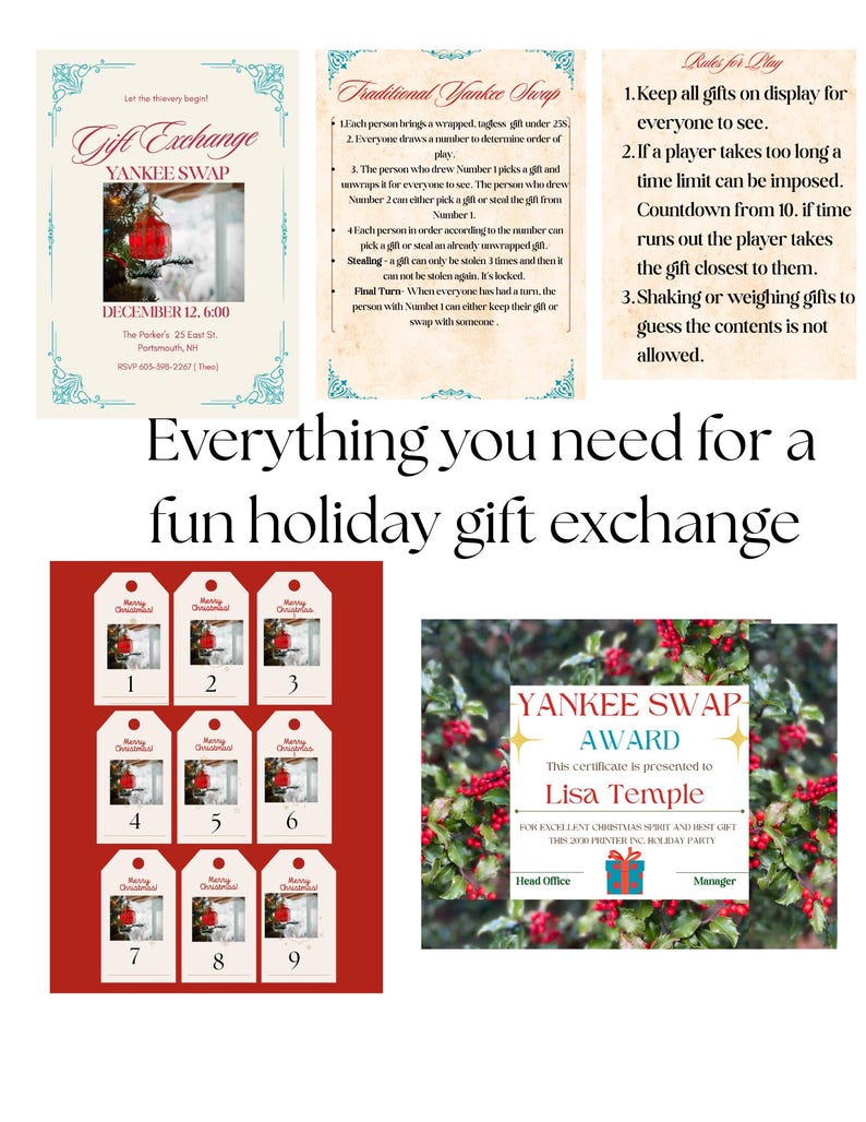 Yankee Swap Printable Pack: White Elephant Editable Invite and Holiday ...