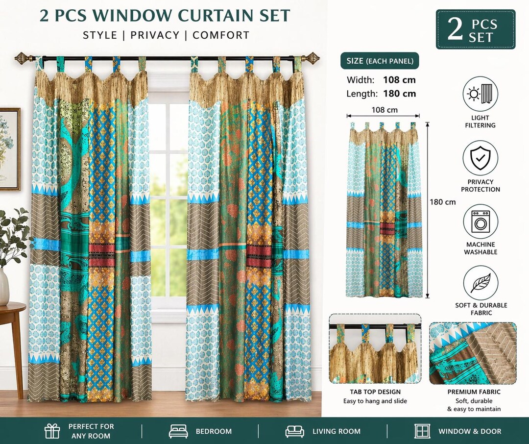 Recycled Silk Sari Patchwork Curtains: Boho Bohemian Window Decor ...