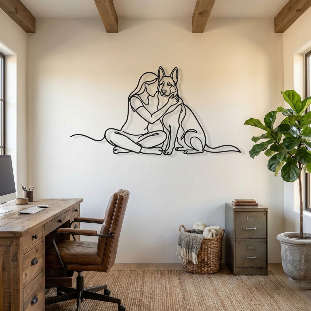 German Shepherd Metal Wall Art, Woman Hugging Dog Line Art, Pet Lover ...