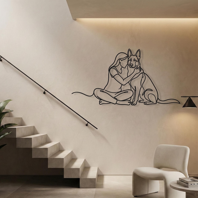 German Shepherd Metal Wall Art, Woman Hugging Dog Line Art, Pet Lover ...