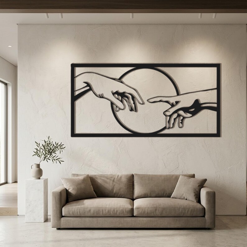 Creation of Adam Metal Wall Art, Michelangelo Hands Line Art, Geometric ...