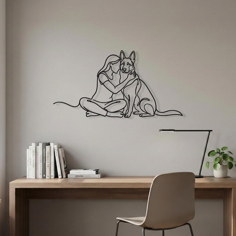 German Shepherd Metal Wall Art, Woman Hugging Dog Line Art, Pet Lover ...