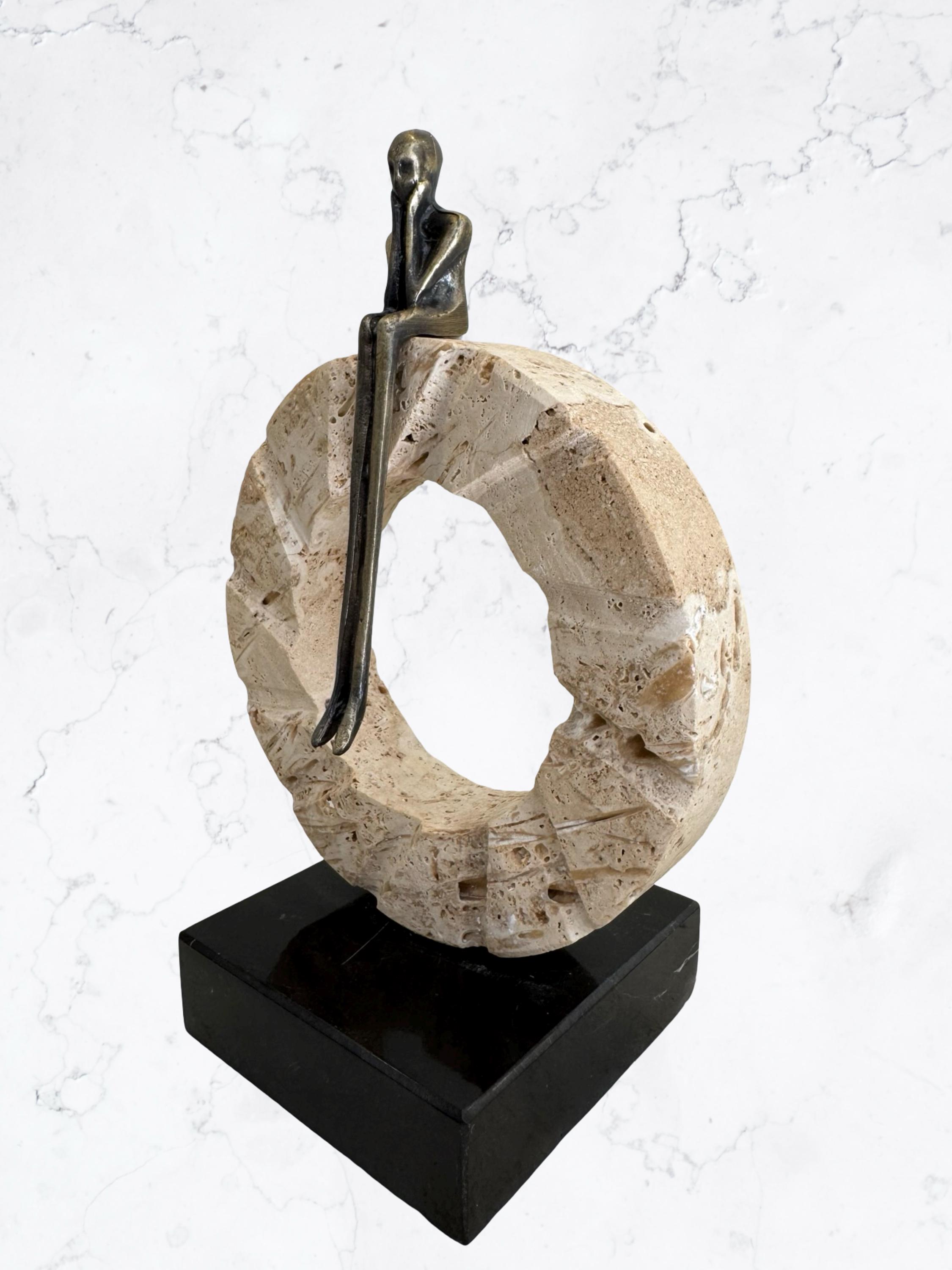 Bronze Thinking Man Sculpture on Travertine Ring and Marble Base ...
