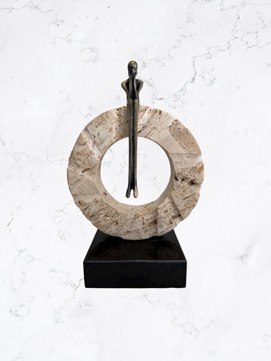 Bronze Thinking Man Sculpture on Travertine Ring and Marble Base ...