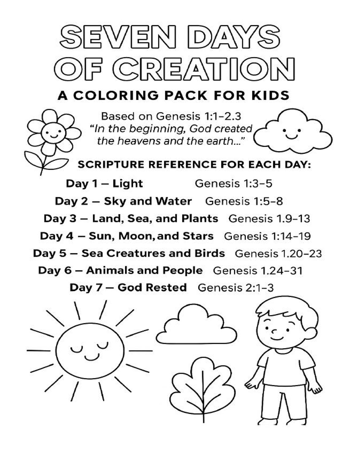 Seven Days of Creation Coloring Pages (bible Printable for Kids) - Etsy