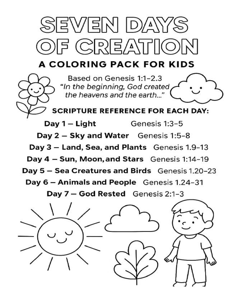Seven Days of Creation Coloring Pages (bible Printable for Kids) - Etsy