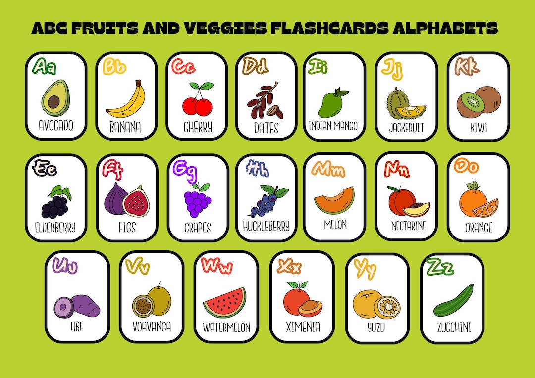 Fruit Vegetable Alphabet Flashcards: ABC Learning Cards (digital ...