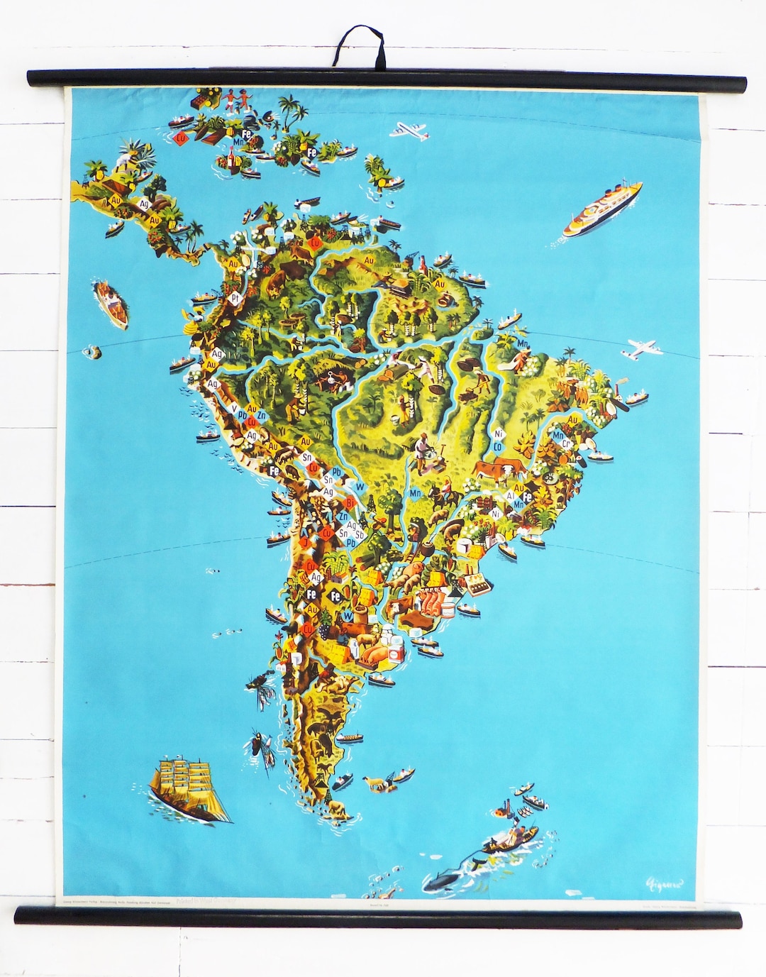 Enorme mapa de aula escolar mapa vintage de América del Sur - Etsy México