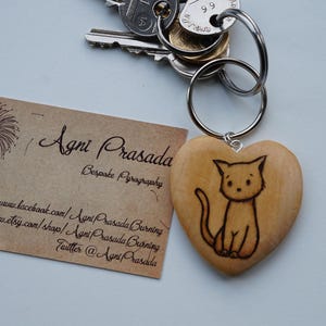 Cute Sad Cat Wooden Keyring, Pyrography Wood Heart - Etsy UK
