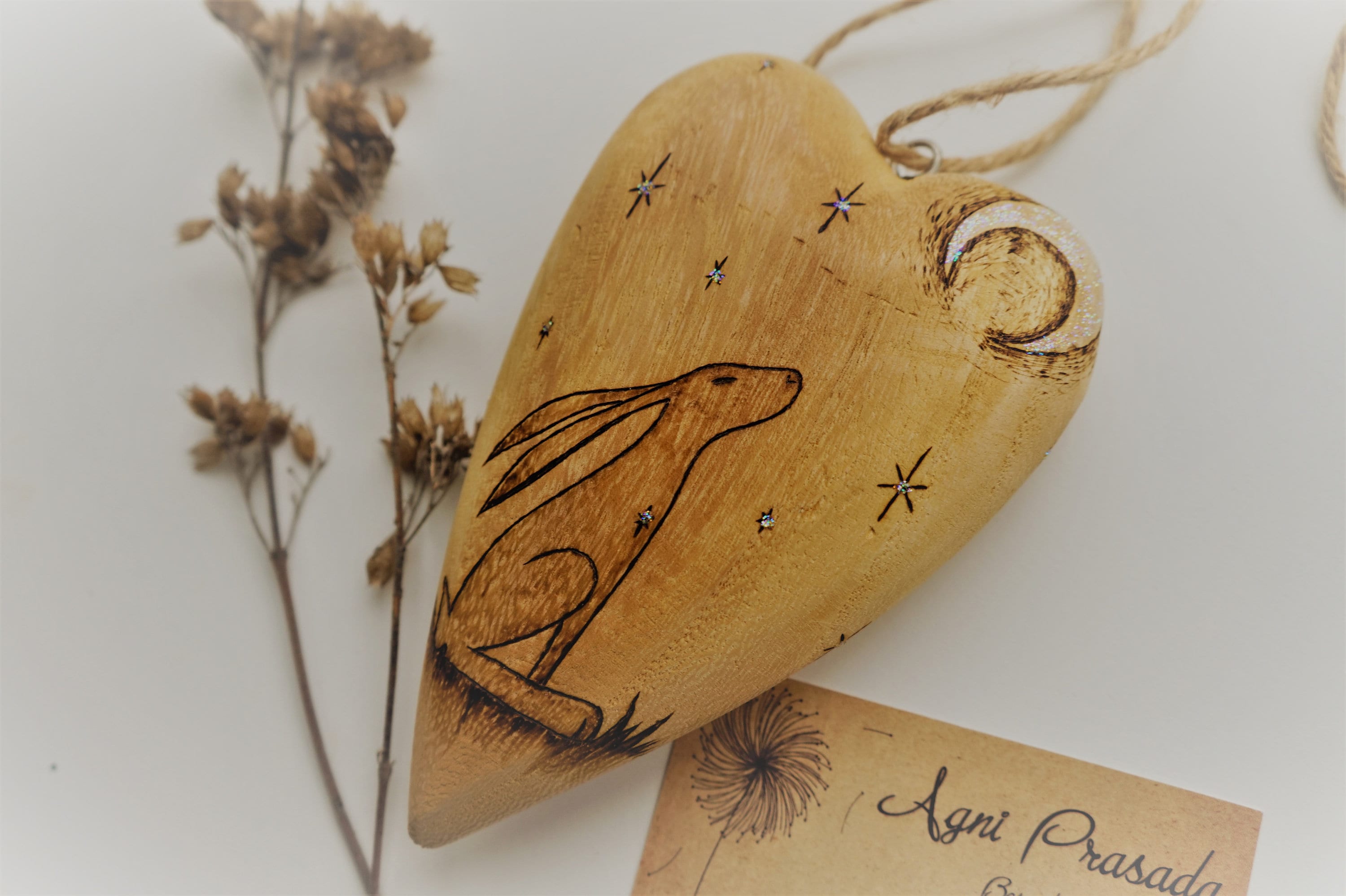 Moon gazing Hare Pyrography wooden heart personalised gift | Etsy