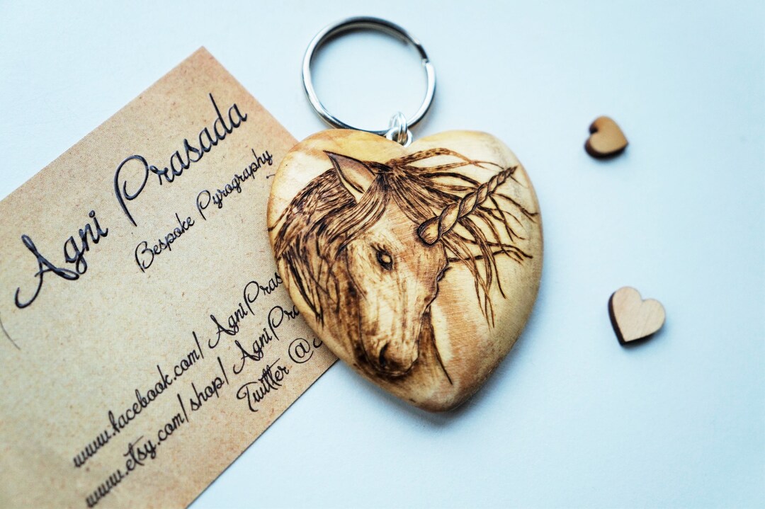 Wooden Unicorn Keyring, Pyrography on Solid Wooden Heart - Etsy UK
