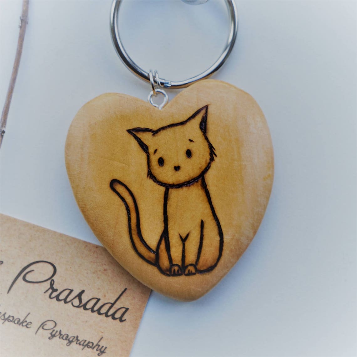 Cute sad cat wooden keyring pyrography wood heart | Etsy