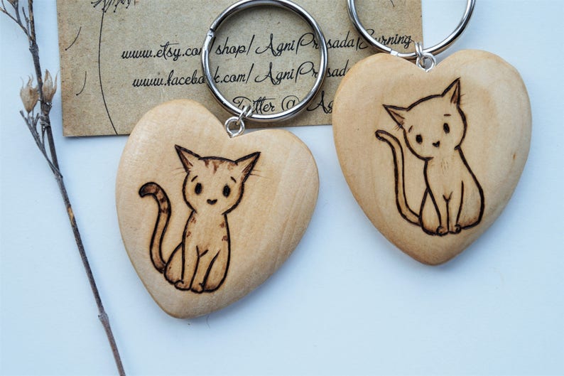 Cute Sad Cat Wooden Keyring Pyrography Wood Heart - Etsy UK