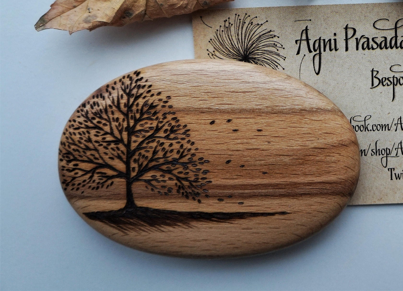 Solid wooden pebble with pyrography tree design. Hand burned | Etsy
