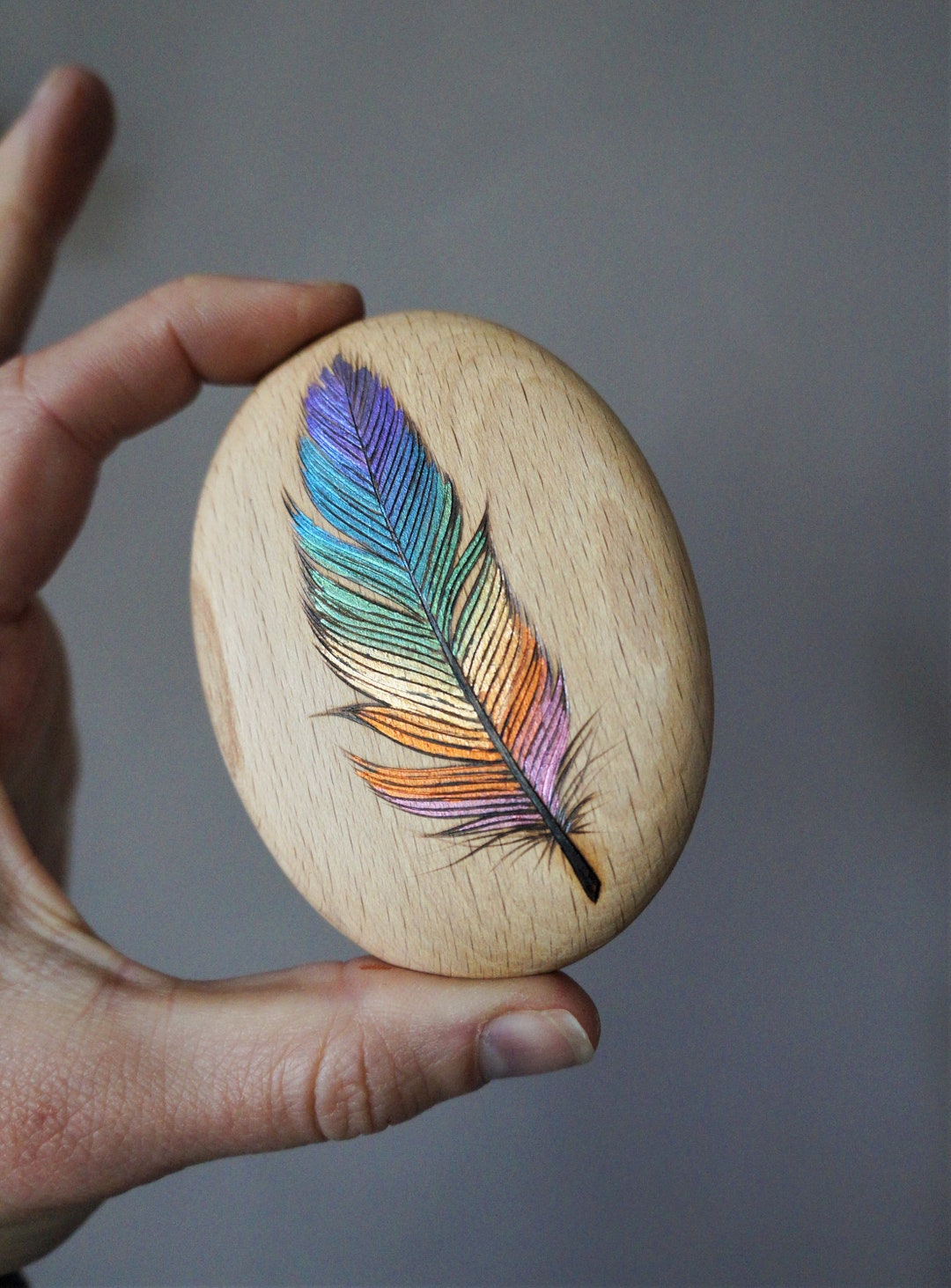 Rainbow Feather Pebble, Pyrography on Solid Wood With Metallic Paints ...