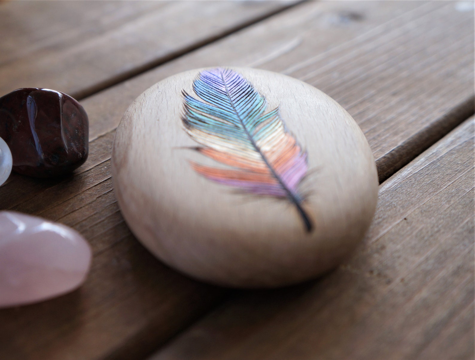 Rainbow Feather Pebble Pyrography on Solid Wood With Metallic - Etsy